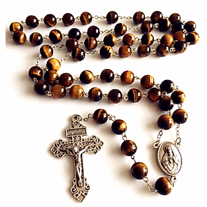 elegantmedical Handmade 10MM Tiger Eye Beads Rosar Cross Catholic Necklace Men's Womens Religion Gift box