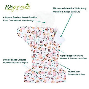 wegreeco Washable Reusable Baby Cloth Pocket Diapers 6 Pack + 6 Bamboo Inserts (with 1 Wet Bag, Flower)