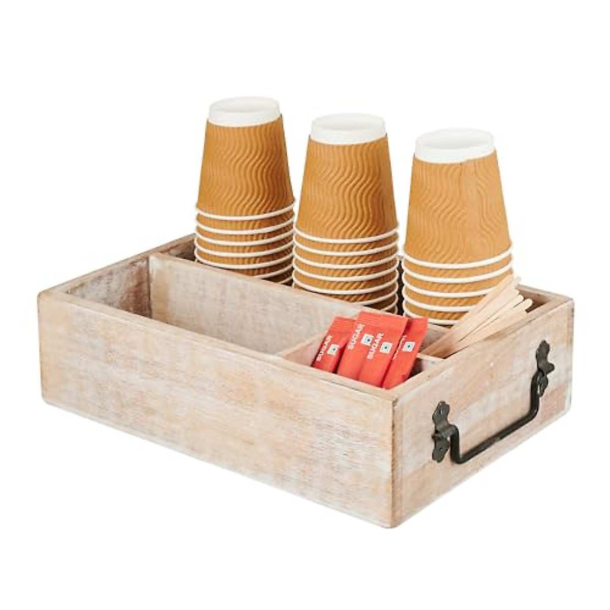 Eximious India Coffee Station Organizer, Bar Farmhouse Cup Coffee Pod Holder with Handle, Storage Bin for Coffee Tea Bag Stirrer Accessories Organizer for Countertop (White)