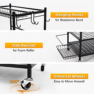 UMINEUX Yoga Mat Storage Racks, Home Gym Storage for Foam Roller, Dumbbells, Kettlebells, All in One Workout Equipment Storage Organizer with Hooks and Wheels