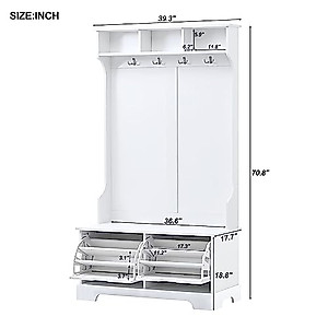 CuisinSmart All in One Hall Tree with 3 Top Shelves and 2 Flip Shoe Storage Drawers, Entryway Coat Garment Rack Storage, Hall Tree with Bench and Shoe Storage, White