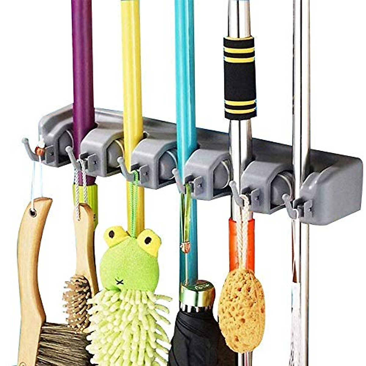 Mop and Broom Holder, Multipurpose Wall Mounted Heavy Duty Tool Organizer Storage Hooks,Ideal Broom Hanger for Kitchen Garden and Garage laundry room,5 Position with 6 Hooks