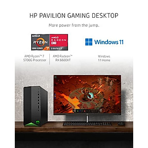 HP Pavilion AMD Radeon RX 6600XT, AMD Ryzen 7 5700G Processor, 16 GB RAM, 512 GB SSD, Windows 11 Home, Wi-Fi 5 & Bluetooth 4.2, 9 USB Ports, Pre-Built Gaming PC Tower (TG01-2070, 2021)