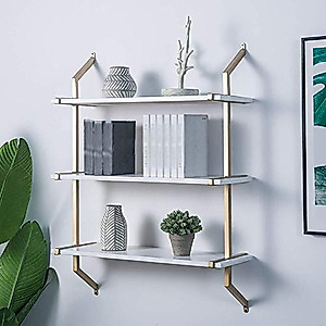 PIBM Stylish Simplicity Shelf Wall Mounted Floating Rack Shelves Simple Iron Art Solid Wood Bedroom Bookshelf Living Room Bearing Strong,2 Colours,4 Sizes, Golden Border , 60x26x74cm