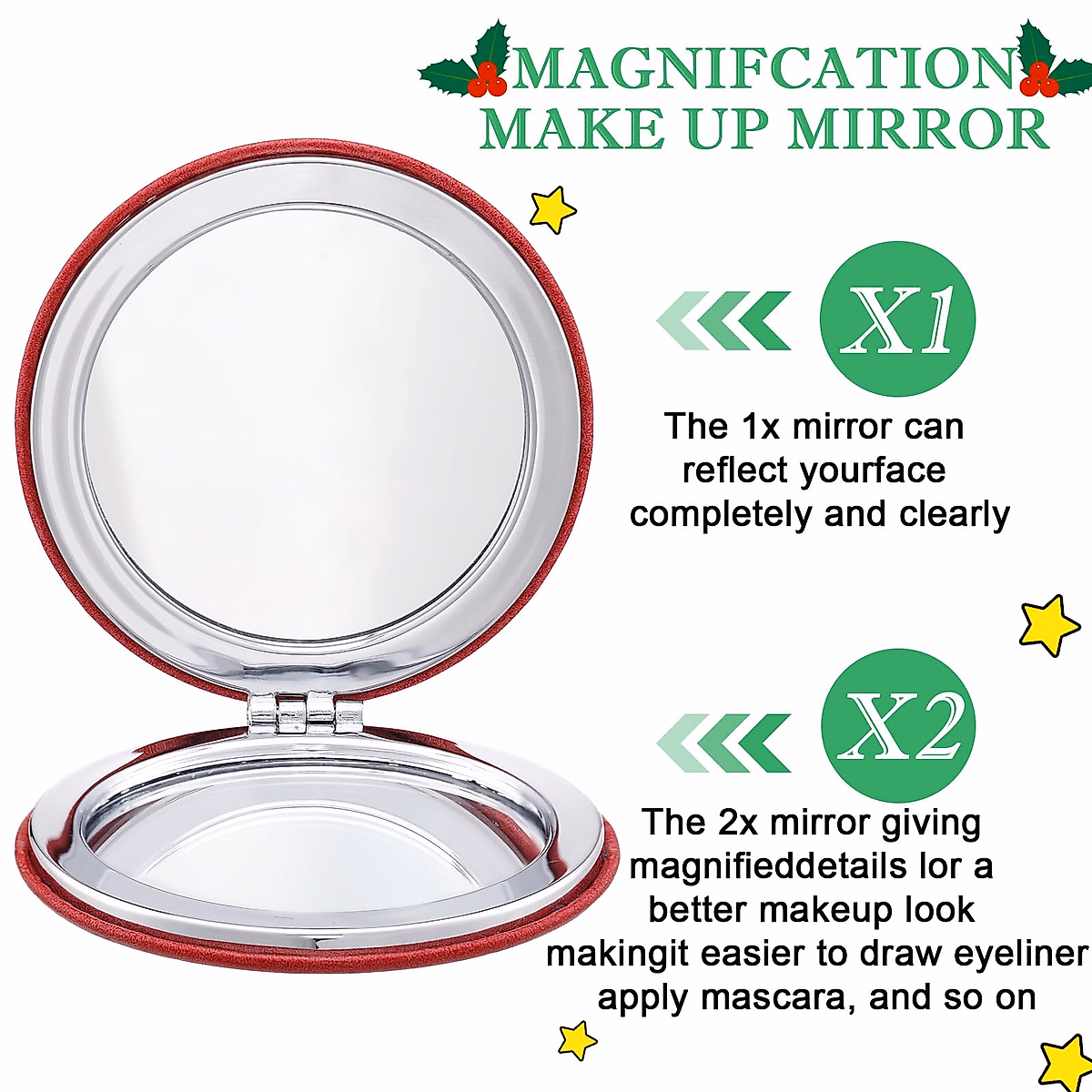 16 Pieces Christmas Compact Mirror Small Magnifying Travel Mirror Bulk Mini Round Pocket Purse Makeup Mirrors Set Folding Portable Handheld 1x/ 2x Magnification for Mom Daughter Christmas Gift