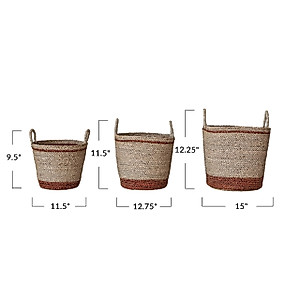 Creative Co-Op Woven Seagrass Baskets with Stripes and Handles, Natural and Brown, Set of 3