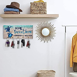 MUCHNEE Personalized Beach House Key Holder for Wall - Home Sweet Home, Customized Key Hook Decor for Kitchen, Living Room - Gifts with Custom Family Name for Couple, Wife, Husband, Family, Friends