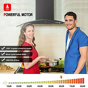 36" Range Hood, GASLAND Chef GR36BS Glass Wall Mount Range Hood Black, 3 Speed 350 CFM Ducted Kitchen Hood with LED Lights, Sensor Touch Control, Convertible Chimney, Aluminum Filter