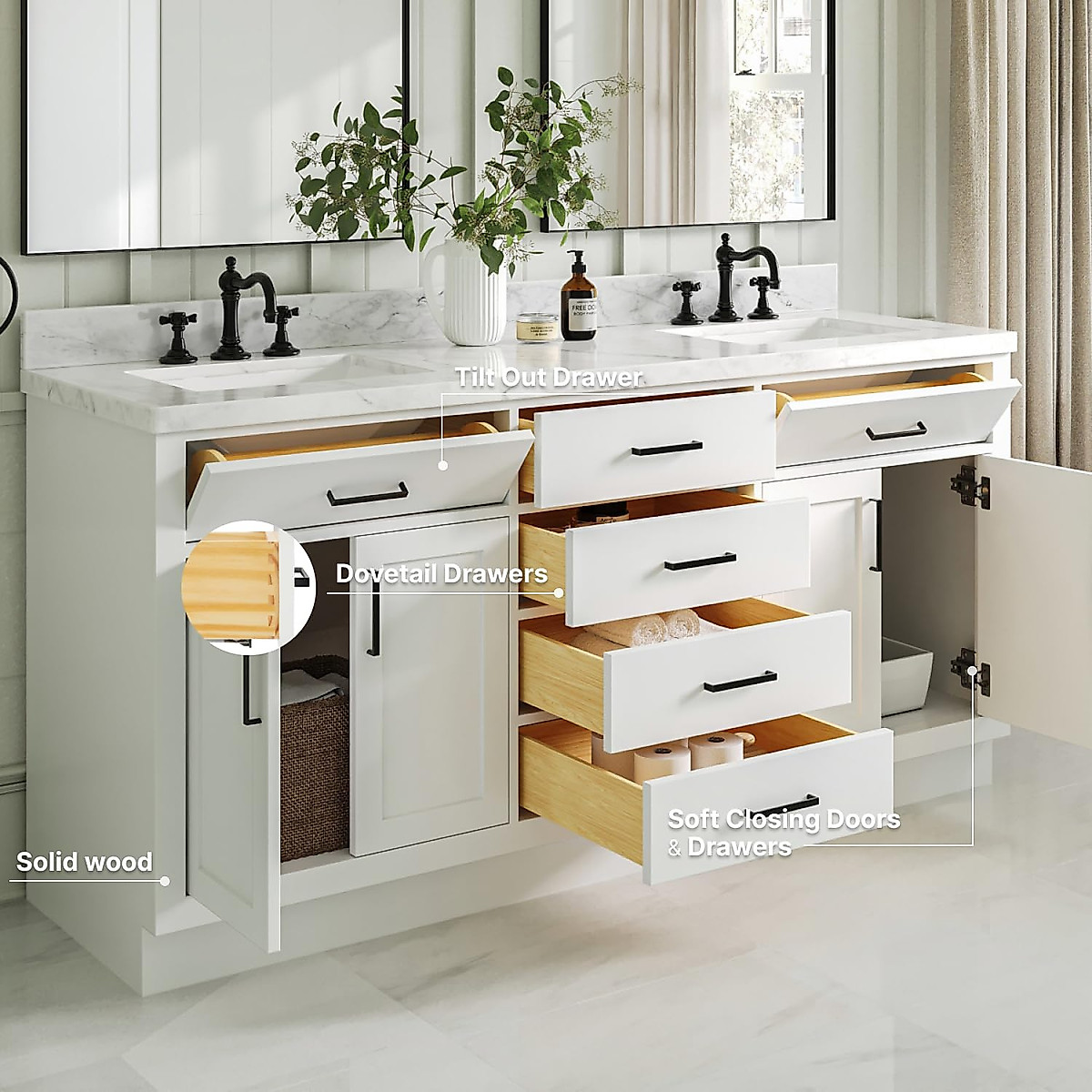 DKB Isabella Double Vanity 73" White with 1.5" Edge Italian Carrara Marble Countertop & Splash, Rectangular Sinks, 4 Soft Closing Doors, 6 Full Extension Dovetail Drawers, Toe Kick, Matte Black