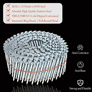 Coil Siding Nails 1-3/4-in 15 Degree Stainless Steel Coil Siding Nails 1200 Count 1-3/4-Inch x .092-Inch Ring Shank Cold-Dipped Galvanized Collated Wire Coil Nails