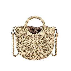 Rattan Handmade Straw Tote Handbag Beach Shoulder Bag Summer Beach Rattan Bag Straw Bag (White)