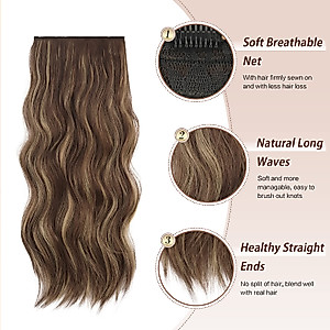 FESHFEN Clip in Hair Extensions 4 PCS Long Wavy Thick Highlighted Hair Piece Clip in Extensions Synthetic Hair Extension for Women, Blonde Highlighteded Medium Brown 20 Inch