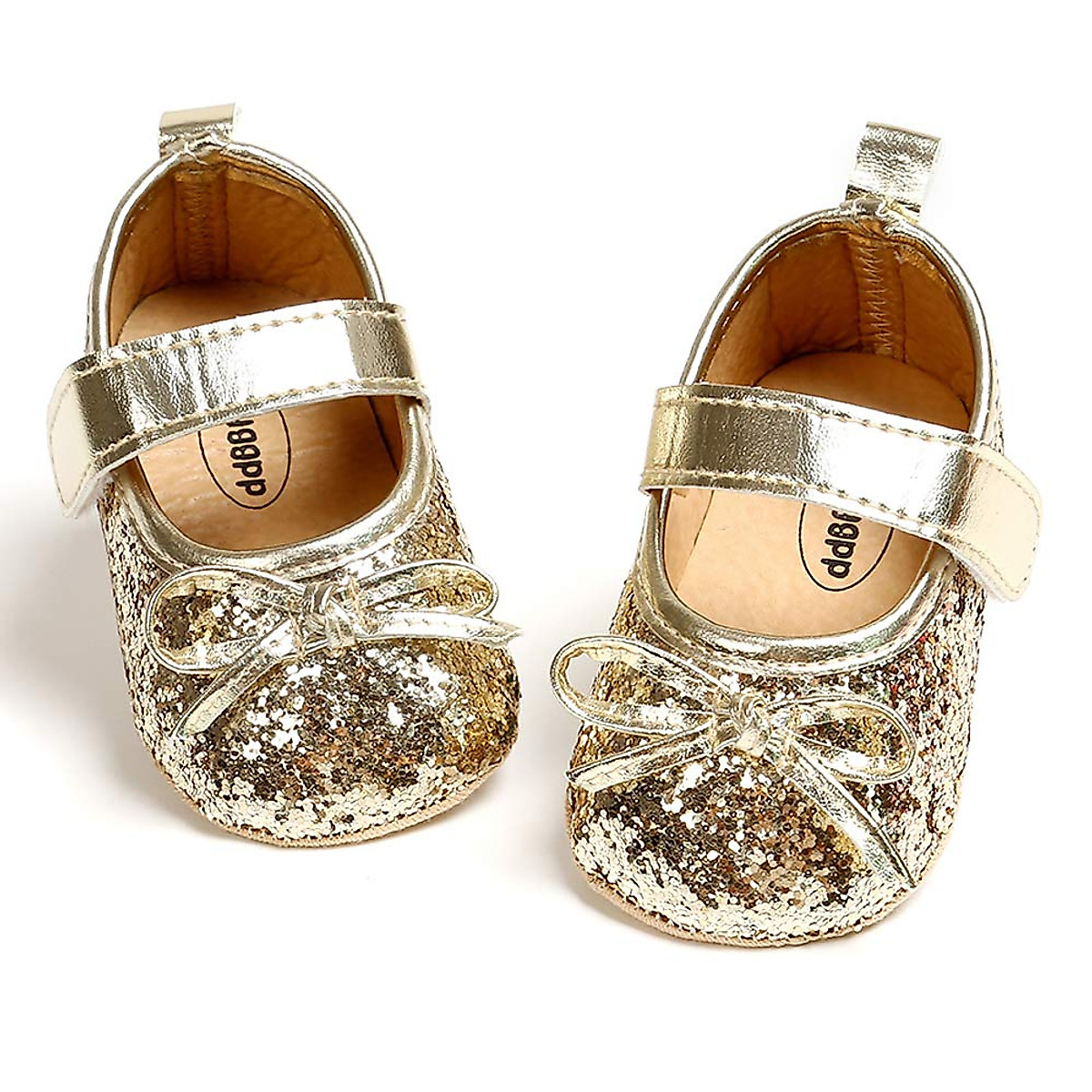 SOFMUO Baby Girls Mary Jane Flats Soft Sole Infant Moccasins Floral Sparkly Toddler Princess Wedding Party Holiday Dress Shoes (Gold,12-18 Months)