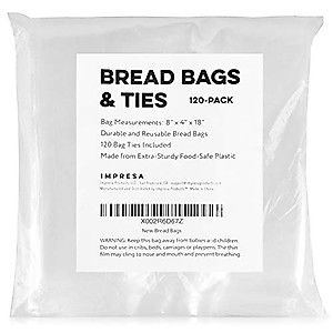 [120 Pack] Plastic Bread Bags for Homemade Bread or Bakery - Heavy Duty Bread Loaf Bags with Ties - Clear Bread Wrappers Storage Packaging - Reusable Bag for Large Loaves - 8” x 4” x 18”