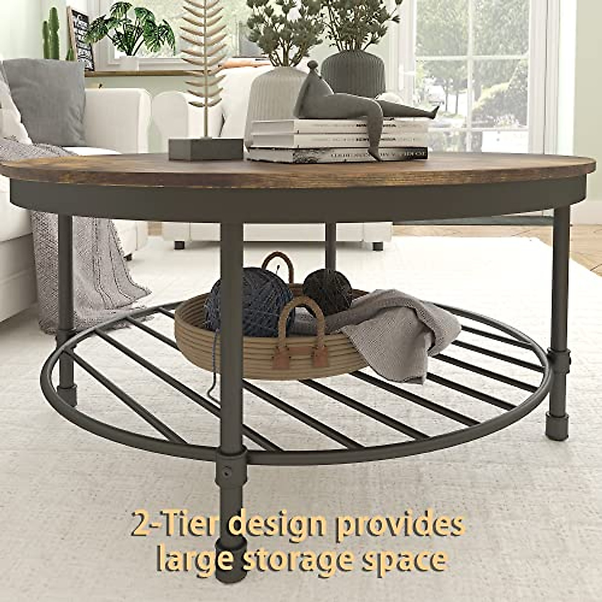Gezen 2-Tier Round Coffee Table, Industrial Coffee Table for Living Room, Wooden Tabletop Rustic Steel Accent Table with Storage Open Shelf- Metal Frame - Retro Brown