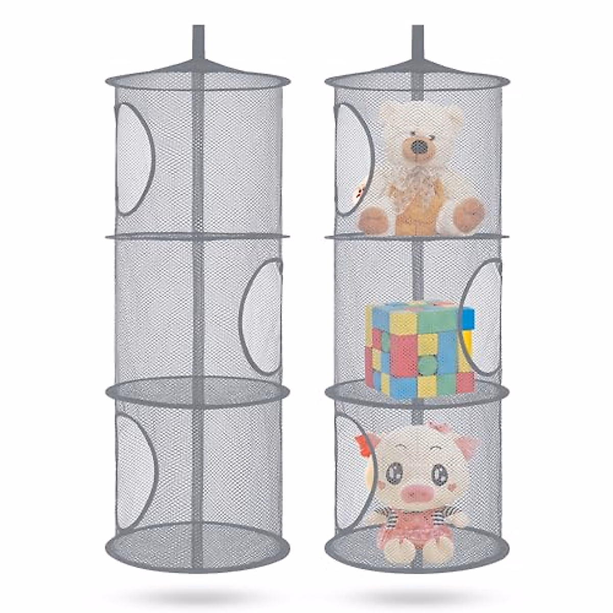 Libeder Mesh Hanging Storage Space Saver Bags Organizer,Foldable Storage Organizer 3/4/5 Compartments Toy Storage Basket for Kids Room Bathroom 2 Sets Grey