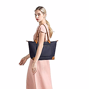 Tote Bag For Women Large Lightweight Leather Nylon Work Shoulder Bag And Foldable Travel Purse Blue