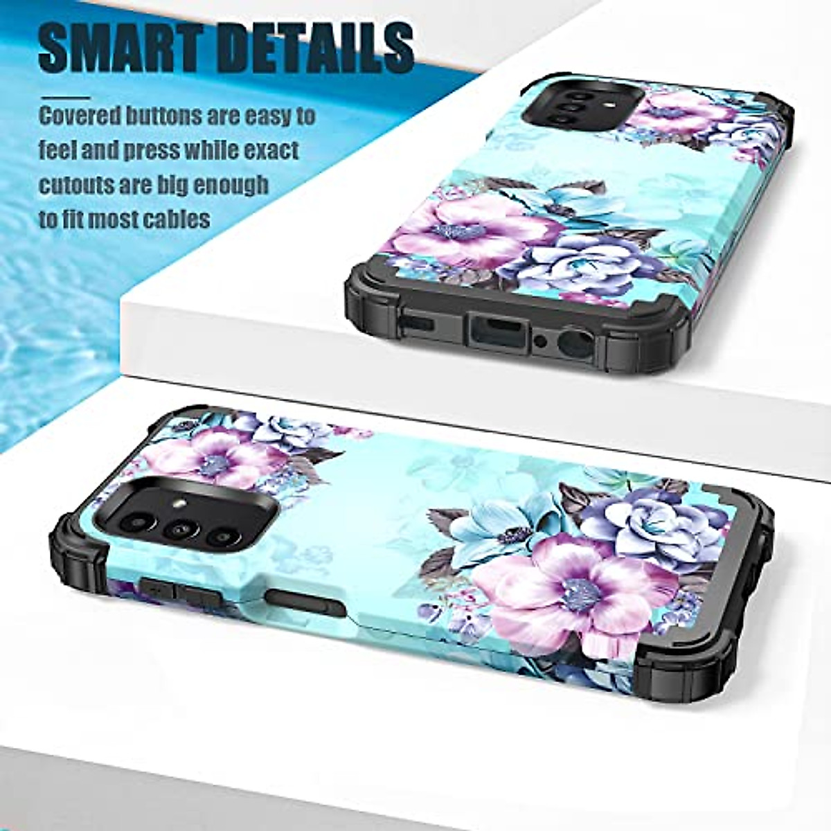 Casetego Compatible with Galaxy A13 5G Case,Floral Three Layer Heavy Duty Sturdy Shockproof Full Body Protective Cover Case for Samsung Galaxy A13 5G,Blue Flower