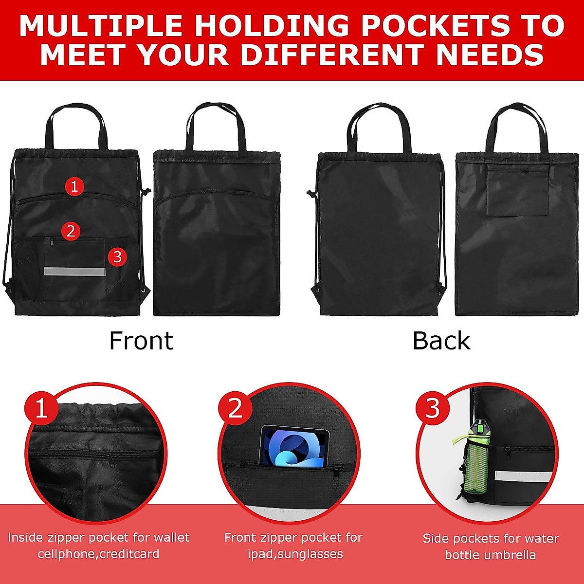 AURUZA Drawstring Backpack Bag, Waterproof Black Draw String Back Sack with Zip Pocket PE Gym Cinch Tote Basketball Soccer String Bags Sackpack Bulk Swim Bag for Men Women