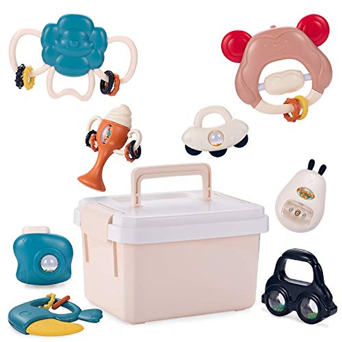 Baby Toy Rattle 8 Pcs with Storage Box Shaking Bell and Grabing Sensory Teething Spining Toy for Baby Infant, Toddlers, Boys and Girls 0-3 Years Old