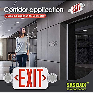 SASELUX Red Led Exit Sign Emergency Light Combo Adjustable Two Head, Double Sided and Battery Backup Exit Light, Contractor Select, AC 120/277V (6 Pack)