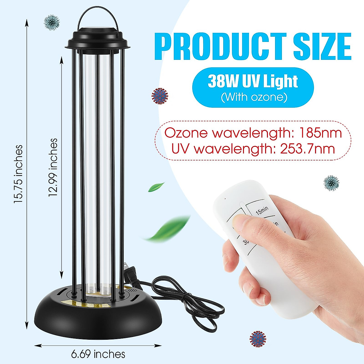 Qualirey UV Light Remote Control, UVC Germicidal Lamp Ultra Violet Light 3 Speed Timing 15/30/60 Minutes UVC Lamp for Home Hotel(38w with Ozone)