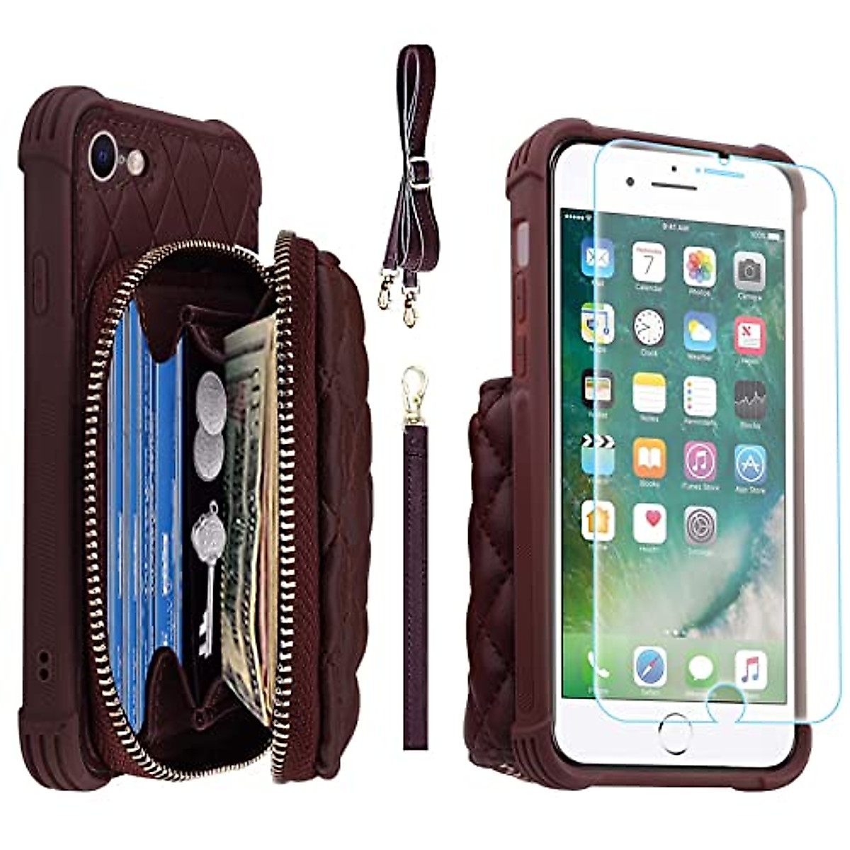 MONASAY Zipper Wallet Case for iPhone SE 2022/2020/8/7,[Glass Screen Protector ][RFID Blocking] Flip Leather Handbag Phone Cover with Card Holder & Crossbody Lanyard Strap, Burgundy