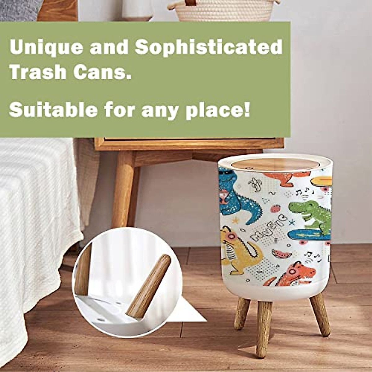 Small Trash Can with Lid Music Lover Dinosaur Seamless for Kids Fashion Childish with Cute Wood Legs Press Cover Garbage Bin Round Waste Bin Wastebasket for Kitchen Bathroom Office 7L/1.8 Gallon