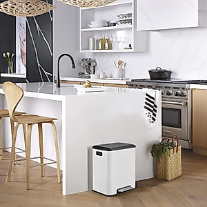WELYFE 30 L/8 Gallon Trash Can, Rectangular Dual Compartment Recycling Step Bin, Stainless Steel Kitchen Trash Can, Removable Inner Box, Suitable for Kitchen, Office - White