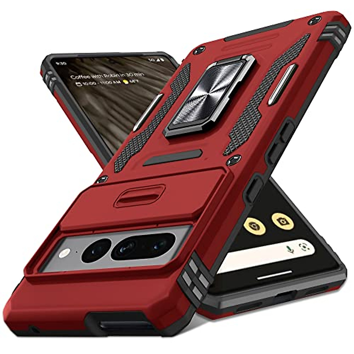 DEERLAMN for Google Pixel 7 Pro Case with Slide Camera Cover,[Full Camera Protection] [Magnetic Rotated Kickstand] Military Grade Shockproof Heavy Duty Protective Cover-Red