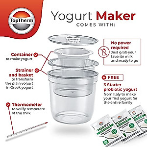TopTherm Yogurt Maker - All you Need For Probiotic Plain & Greek Yogurt Maker- Fresh Homemade Yogurt- Probiotic Starter Culture, Container, Basket, Strainer, Temperature C- Non-BPA Plastic - Gut Support Starter