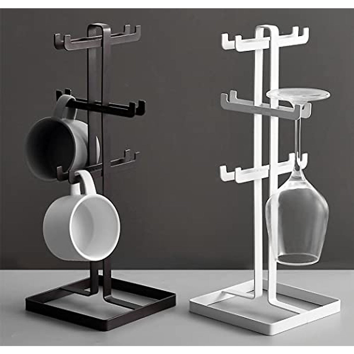 YEMUNY Mug Holder Stand 12 Hooks, Mug Tree Cup Stemware Storage Racks for 6 Wine Glasses (Brown)