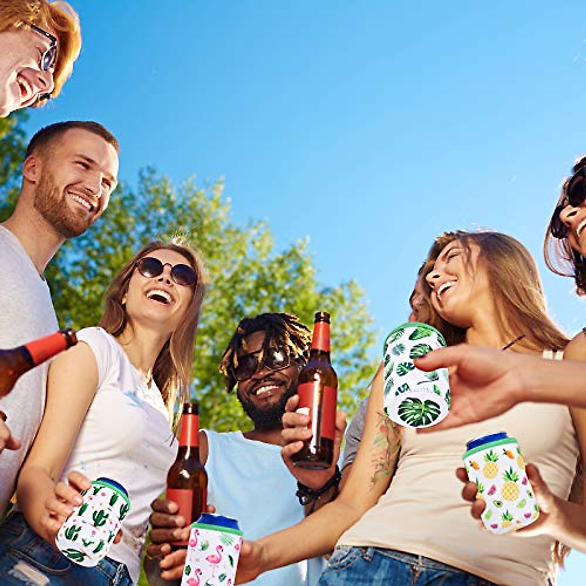 Set of 4 Neoprene Can Sleeves - Collapsible Thermocoolers Can Cooler Sleeves Tropical Summer Soda Beer Caddies for Weddings Bridal Shower Birthday Beach Bachelorette Parties