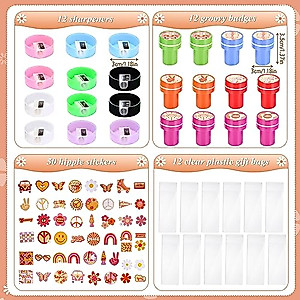 Honoson 122 Pcs Groovy Party Favors Retro Hippie Stationery Set Classroom Reward Prizes Notepads Pencils Badges Sharpeners Glasses Stickers Gift Bags for Kids Boho Birthday Two Groovy Party Supplies
