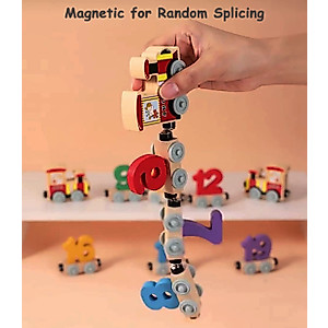 SHIMANDA 12 PCS Wooden Magnetic Train Cars Toy, Magnetic Train Toys Set Includes Locomotive & 11 Pieces Train Cars, Count and Color Educational Learning Toys for Kids Boys and Girls (Number)