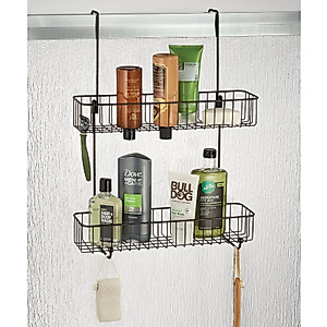 mDesign Extra Wide Metal Wire Over The Bathroom Shower Door Caddy, Hanging Storage Organizer Center with Built-in Hooks and Baskets on 2 Levels for Shampoo, Body Wash, Loofahs - Bronze