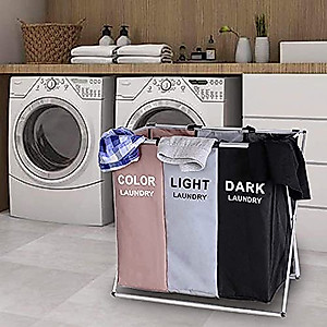 135L Laundry Cloth Hamper Sorter Basket Bin Foldable 3 Sections with Aluminum Frame 26''×24''H Washing Storage Dirty Clothes Bag for Bathroom Bedroom Home Storage basket(Brown+Grey+Black, 3 Liner)