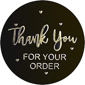 FoxYaye Thank You Stickers 1 Inch 30pcs - Colorful Flowers Durable, Small Business Envelope Stickers, Flowery Craft Cute Geometric Heart Great Taste Watercolor (Black/Gold Thank You)