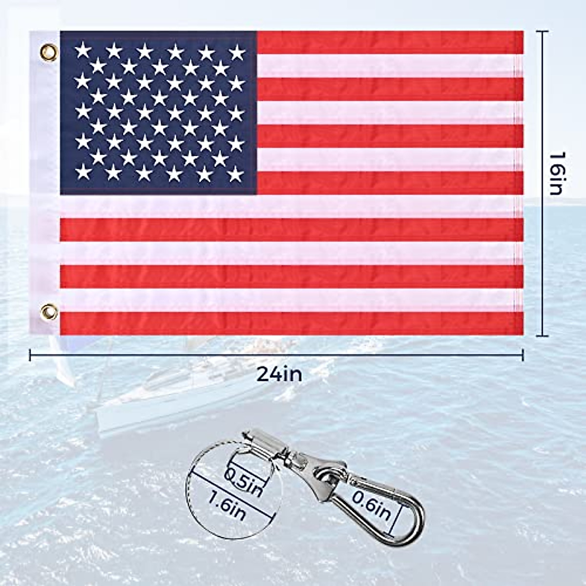 2 Pack American Boat Flag with 4 Boat Flag Pole Clamps, Marine USA Flag with Double Sided Embroidered Stars and Brass Grommets, (16"x24")