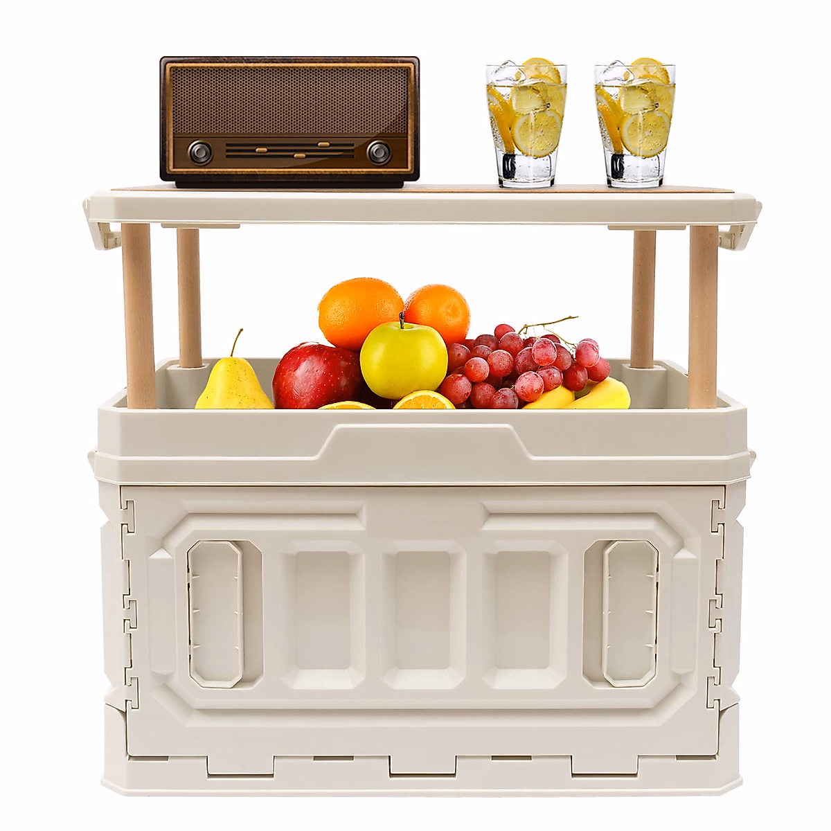 LUGBING Folding Storage Box, Outdoor Portable Camping Collapsible Storage Bin with Wooden Lid Plastic Storage Container for Car, Toys, Camping, Picnic