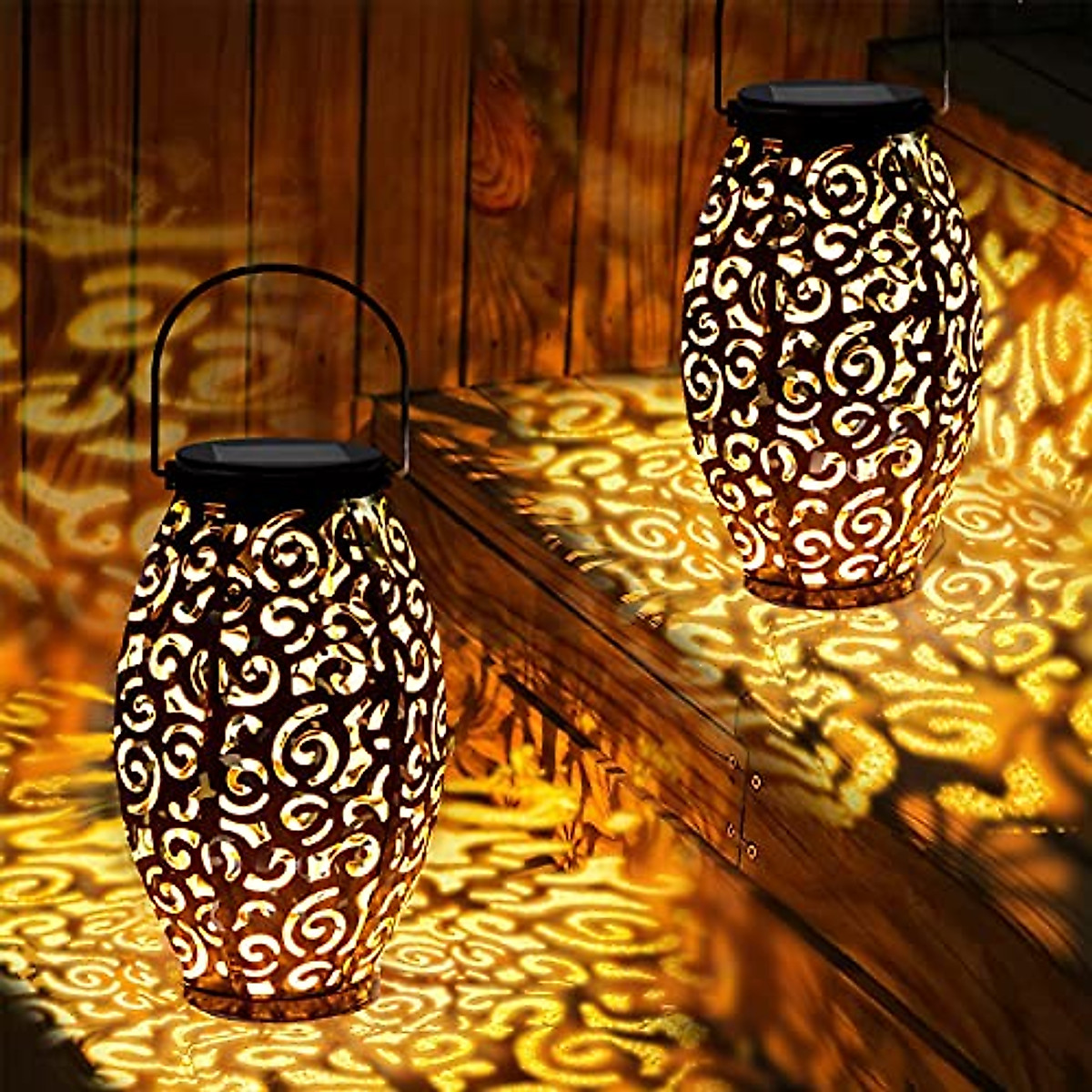 2Pcs Solar Lanterns Outdoor Waterproof Hanging Solar Garden Hollow Lanterns LED Lanterns with Handle Decorative Projector Night Light for Courtyard Porch Pathway Walkway Tree Fence Christmas