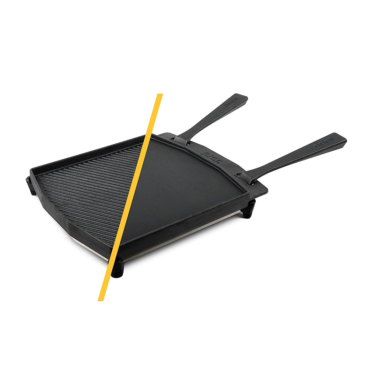 Ooni Cast Iron Dual-Sided Grizzler Plate - 37 x 33cm Reversible Griddle with Removable Handle and Stainless Steel Trivet, Pre-Seasoned Non-Stick Oven Safe Cookware, Pizza Oven and BBQ Accessories