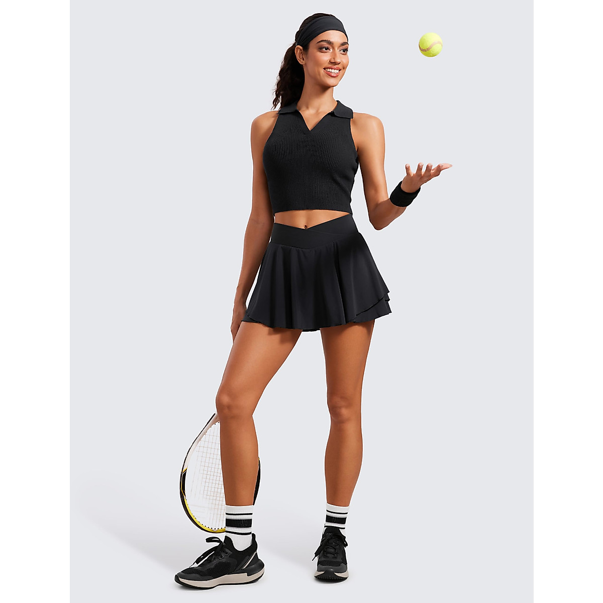 CRZ YOGA Tennis Skirts for Women Crossover High Waisted Ruffle Layered Workout Athletic Golf Skort Skirts with Pockets Black X-Small