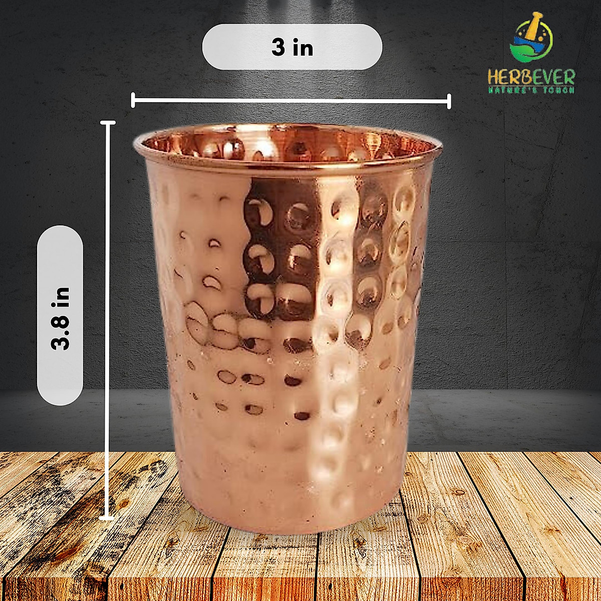 HERBEVER Pure Copper Hammered shape Water Tumbler Glasses for Healing Ayurvedic Set of 2