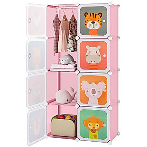 Costzon Kids Closet, Cartoon DIY Modular Dresser Storage Organizer with 8 Cubes & Clothes Hanging Rack, Portable Armoire for Baby Toddlers, Kids Wardrobe for Bedroom Nursery, Pink