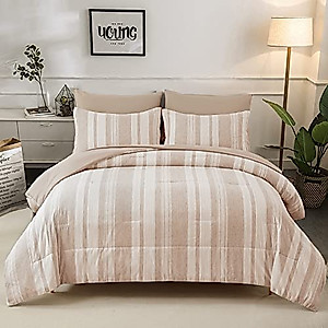 Mybedsoul Khaki Comforter Set Queen Size, Cationic Dyeing Stripes Comforter All Season Bedding Set, Soft Microfiber 7 Pieces Bed in a Bag (2 Pillow Shams, Flat Sheet, Fitted Sheet and 2 Pillowcases)