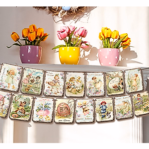 Vintage Easter Party Banner Decoration-Happy Easter Supplies Traditional Retro Victoria Style Bunny Hanging Bunting Garland Decoration for Fireplace Indoor Outdoor Easter Holiday