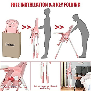 INFANS 4 in 1 High Chair–Booster Seat, Convertible Highchair w/Adjustable Height and Recline,Removable Tray,DetachableCushion, Installation-Free,Simple Fold for Baby, Infant& Toddler (Pink)