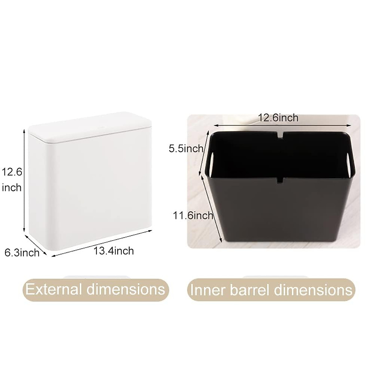 Modern Wastebasket Thin Trash Can,Small Rectangular Dog Proof Plastic Trash Bin,3.2 Gallon/12 Liter Slim Plastic Trash Can Wastebasket with Press Type Lid, White