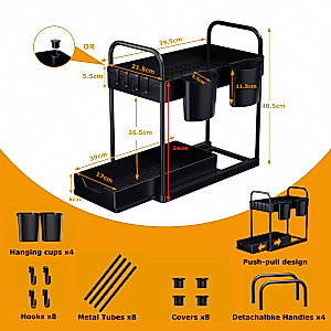 Under Sink Organizers and Storage, 2-Tier Sliding Under Cabinet Bathroom Storage with Hooks, Hanging Cup, Handles, Multi-Purpose Under Sink Organizer for Bathroom Kitchen, Black, 2Pack